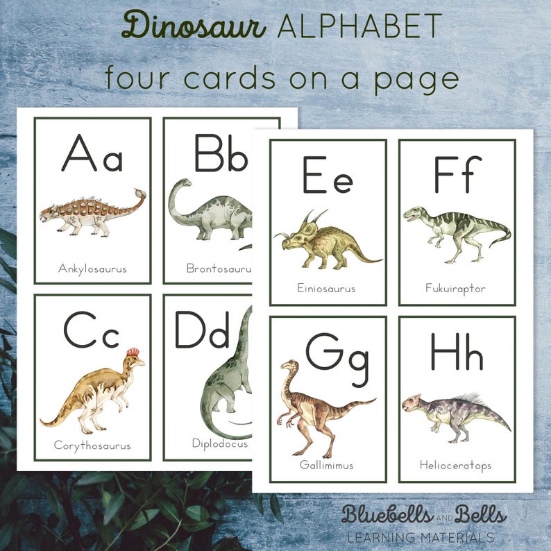 Dinosaur Alphabet Flashcards. Watercolor Letter Cards. Kids Printable ...