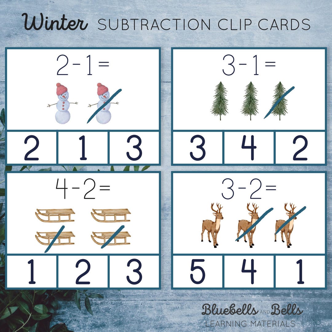 Montessori Winter Printable Subtraction Clip Cards 0-10. Preschool and ...