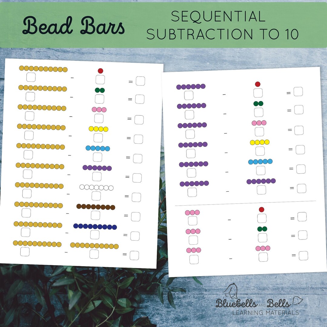 Montessori Bead Bars Subtraction to 10 Worksheets Sequential - Etsy