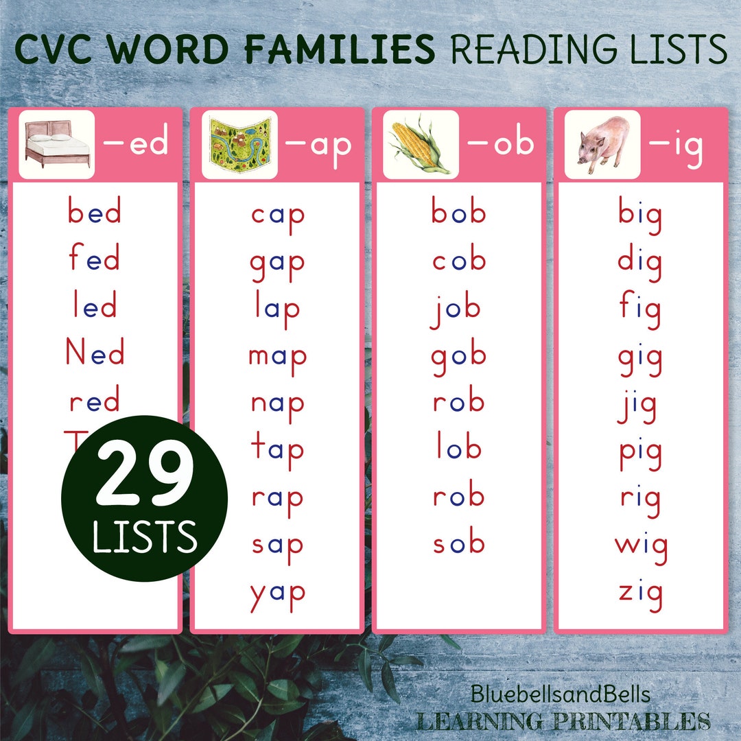 CVC Word Families Reading Lists. Montessori Pink Series Printable. - Etsy