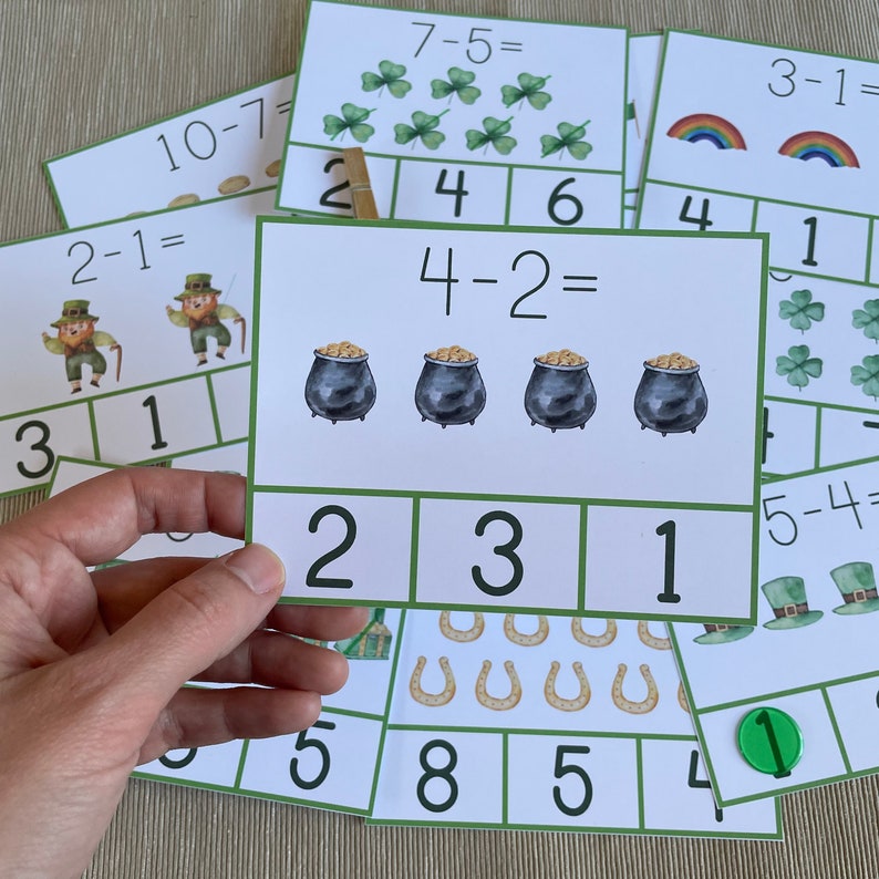 St. Patrick's Day Montessori Printable Clip Cards Subtraction 0-10 ...