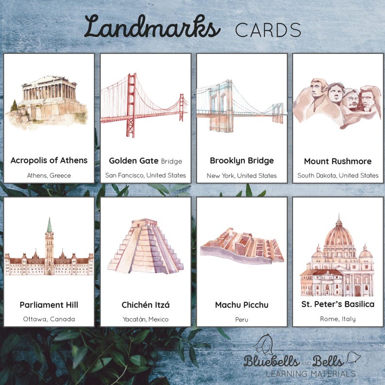 Landmarks of the World Flash Cards. Geography Kids Montessori Printable ...