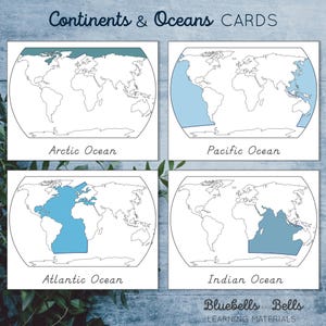 Continents and Oceans Cards and Map. Montessori Printable Geography ...