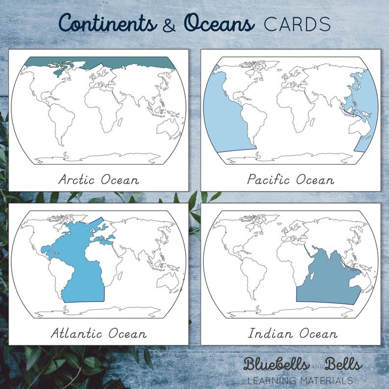 Continents and Oceans Cards and Map. Montessori Printable Geography ...