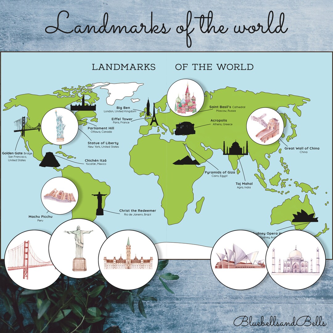 Landmarks of the World Map Matching Activity. Montessori Printable ...