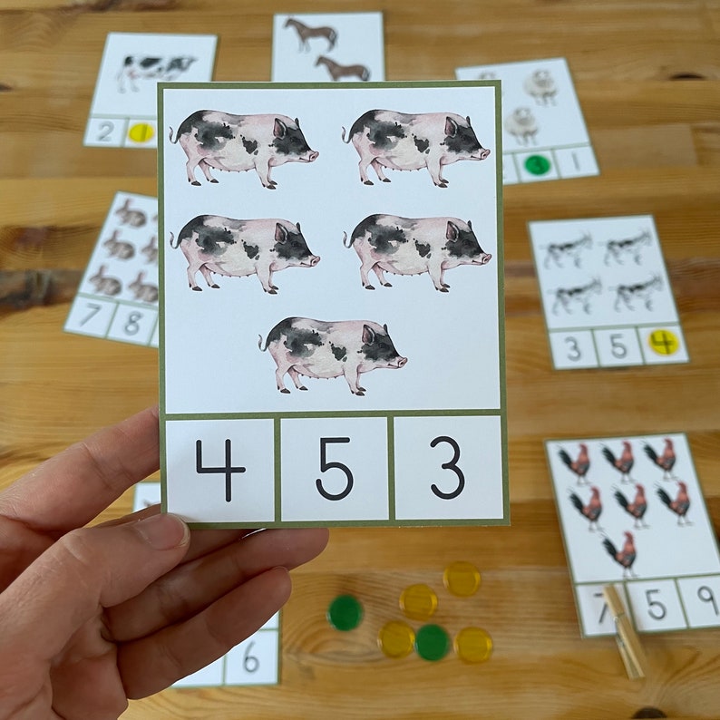 Farm Animals Count and Clip Cards 1-10. Farm Animals Counting Preschool ...