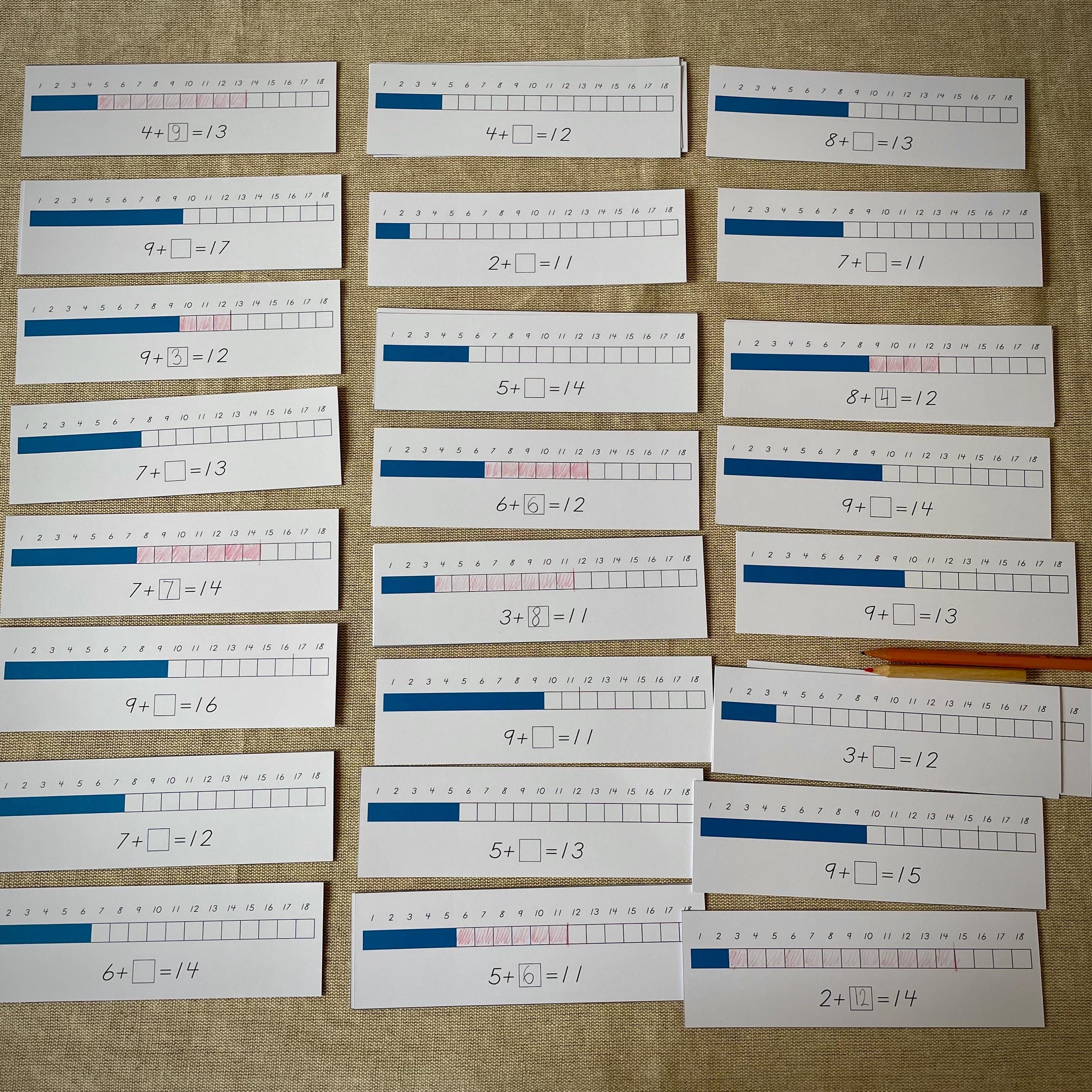 Montessori Addition Strip Board Worksheets Missing Addend to 18 ...