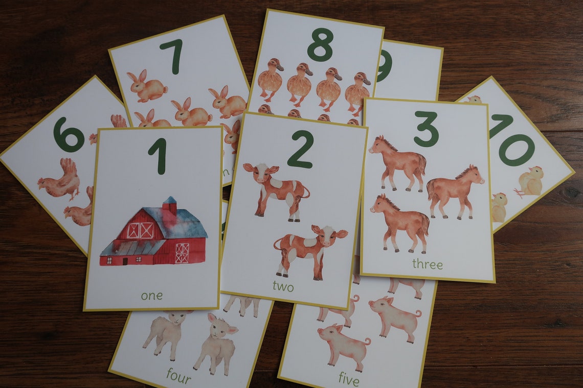 Farm animal number 1-10 flash cards. Toddler watercolor | Etsy