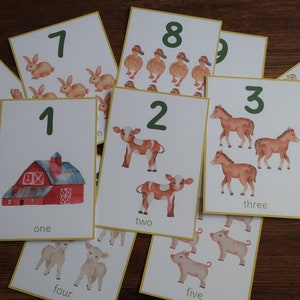 Farm animal number 1-10 flash cards. Toddler watercolor | Etsy