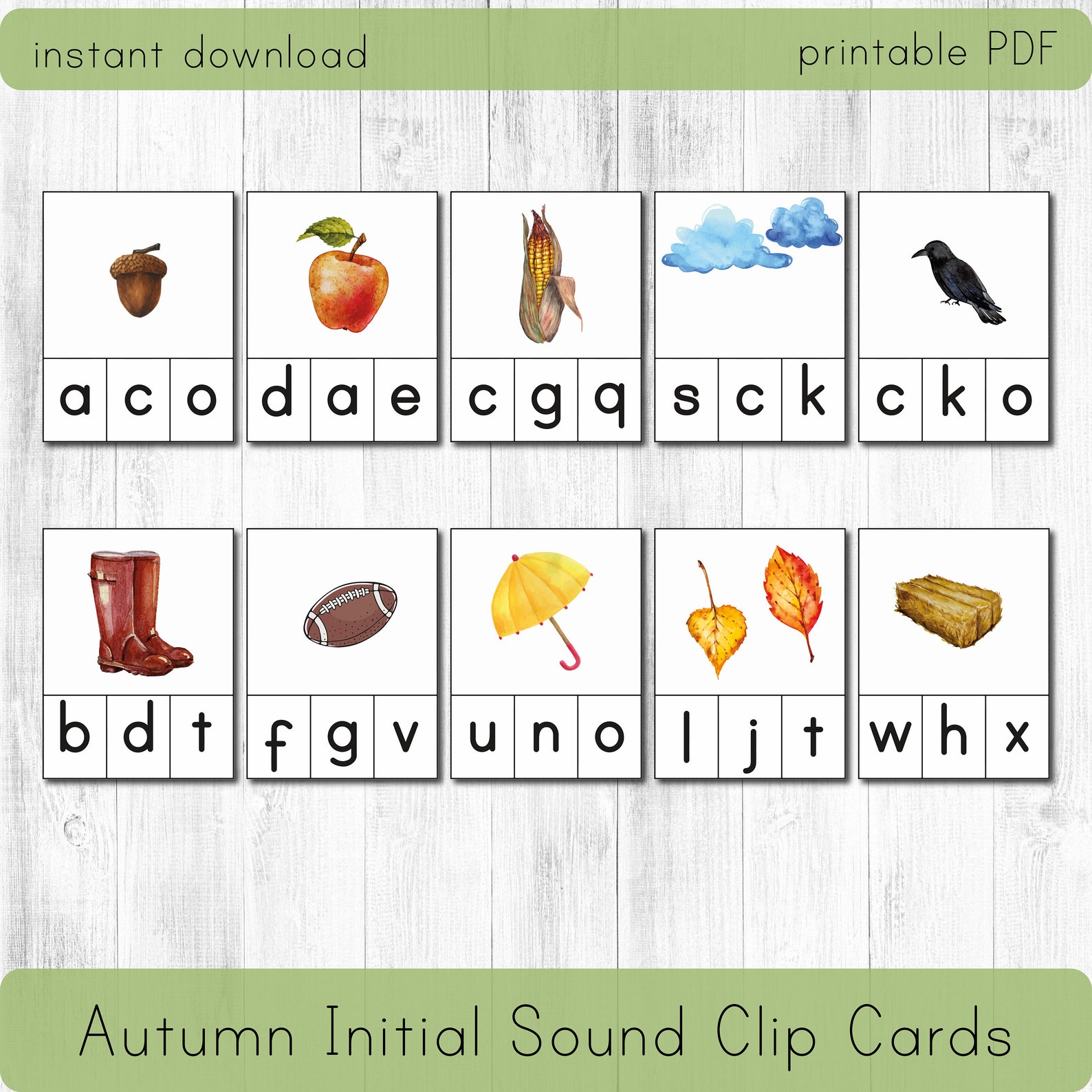 Autumn phonics clip cards. Montessori fall printable. | Etsy