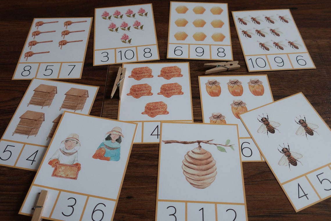 Honeybee Count and Clip Cards 1-10. Preschool Insect Math | Etsy