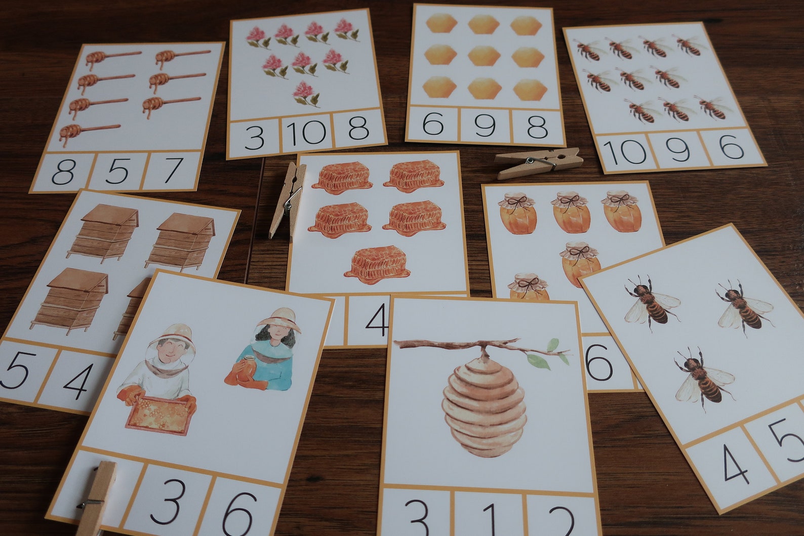 Honeybee Count and Clip Cards 1-10. Preschool Insect Math | Etsy