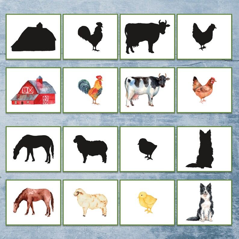 Farm animal shadow matching cards. Toddler Montessori | Etsy