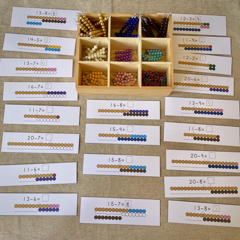 Montessori Bead Bars Subtraction 11-20 Task Cards. 1st Grade Math ...