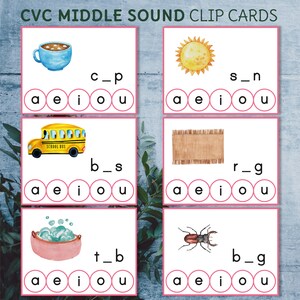 Montessori Phonics Printable CVC Word Clip Cards Middle Sound. Pre ...