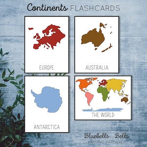 Continents Flash Cards and World Map. Montessori Printable for ...