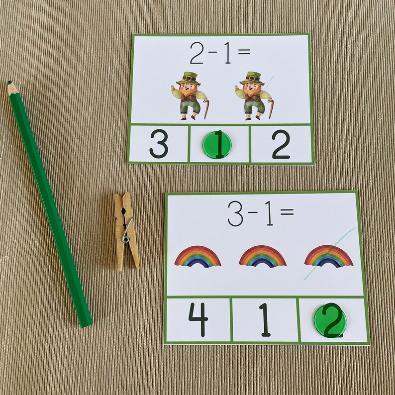 St. Patrick's Day Montessori Printable Clip Cards Subtraction 0-10 ...