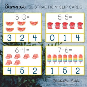 Summer Montessori Printable Subtraction Clip Cards 1-10. Preschool and ...
