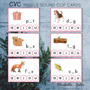 Montessori Phonics Printable CVC Word Clip Cards Middle Sound. Pre ...