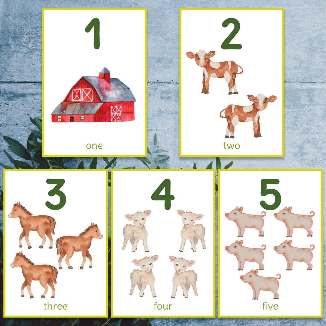 Farm animal number 1-10 flash cards. Toddler watercolor | Etsy