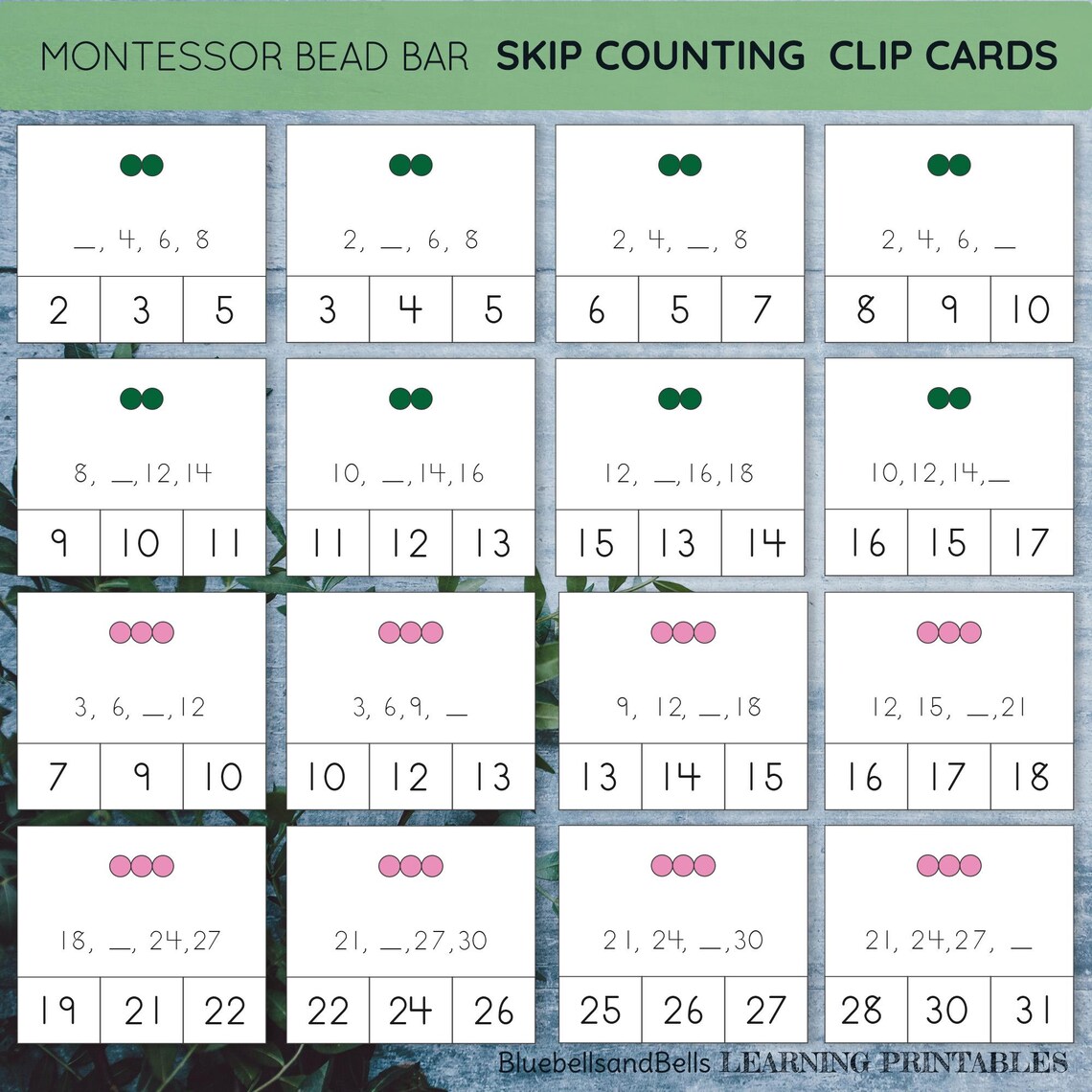 Montessori Bead Bar Skip Counting Clip Cards. Multiplication ...