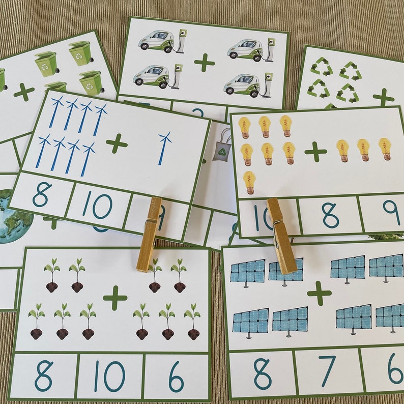 Earth Day Printable Count and Clip Cards Addition 1-10. Kindergarten ...