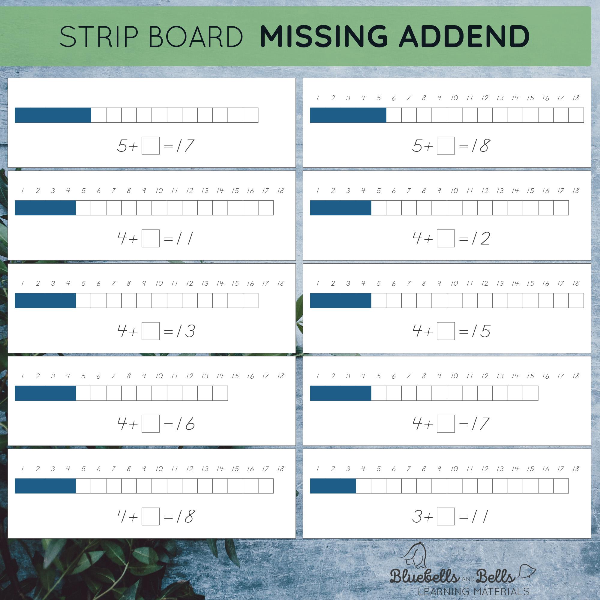 Montessori Addition Strip Board Worksheets Missing Addend to 18 ...