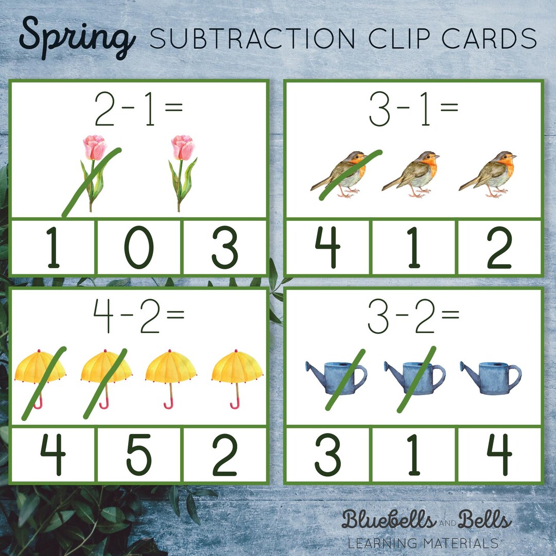 Spring Montessori Printable Subtraction Clip Cards 1-10. Preschool and ...