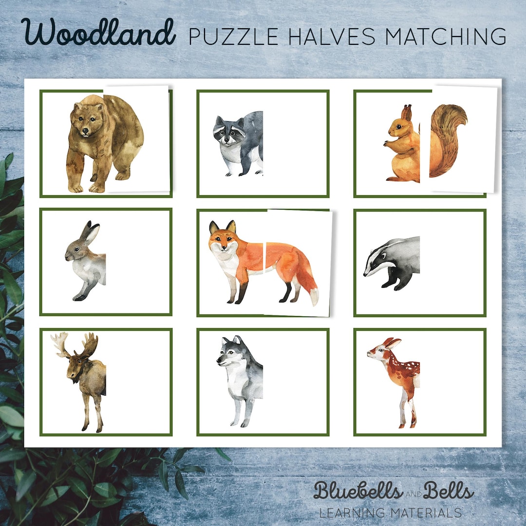 Woodland Animals Puzzle Printable. Montessori Halves Matching Activity ...