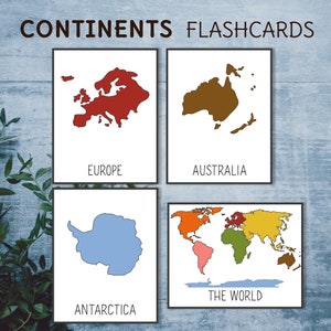Continents Flash Cards and World Map. Montessori Printable for ...
