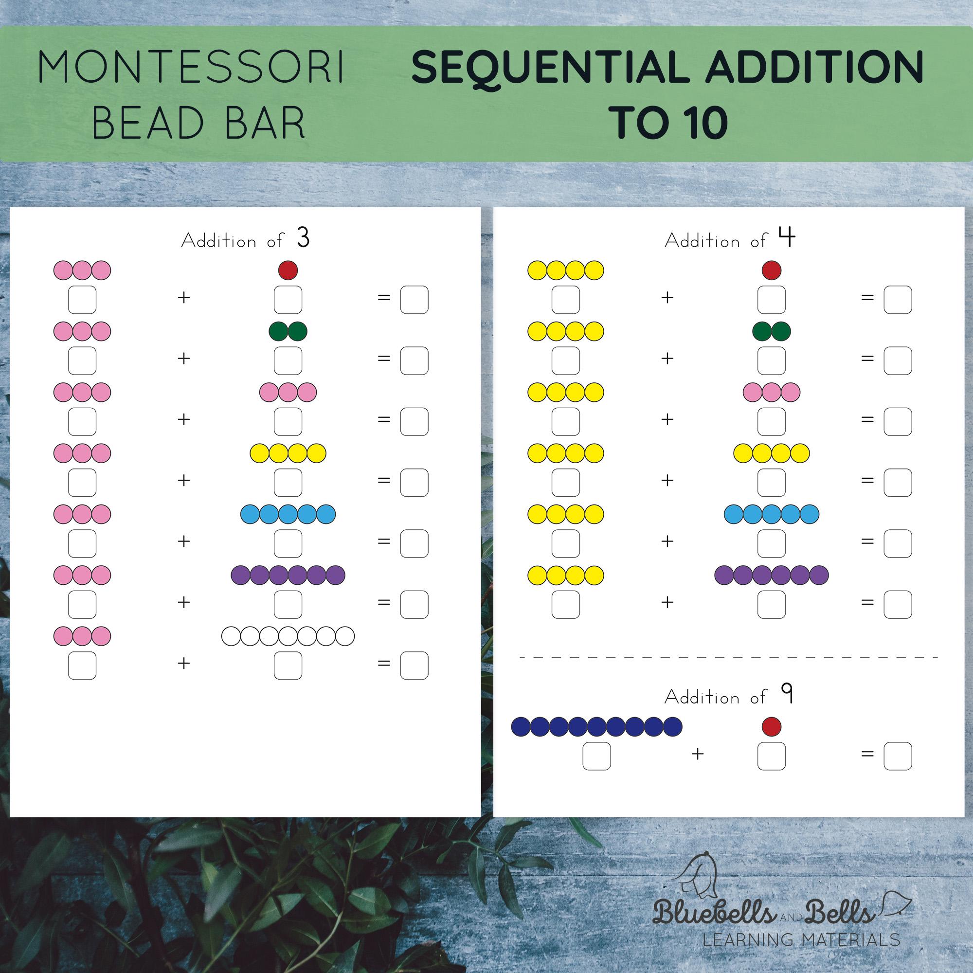 Montessori Bead Bars Addition to 10 Worksheets Sequential. Kindergarten ...