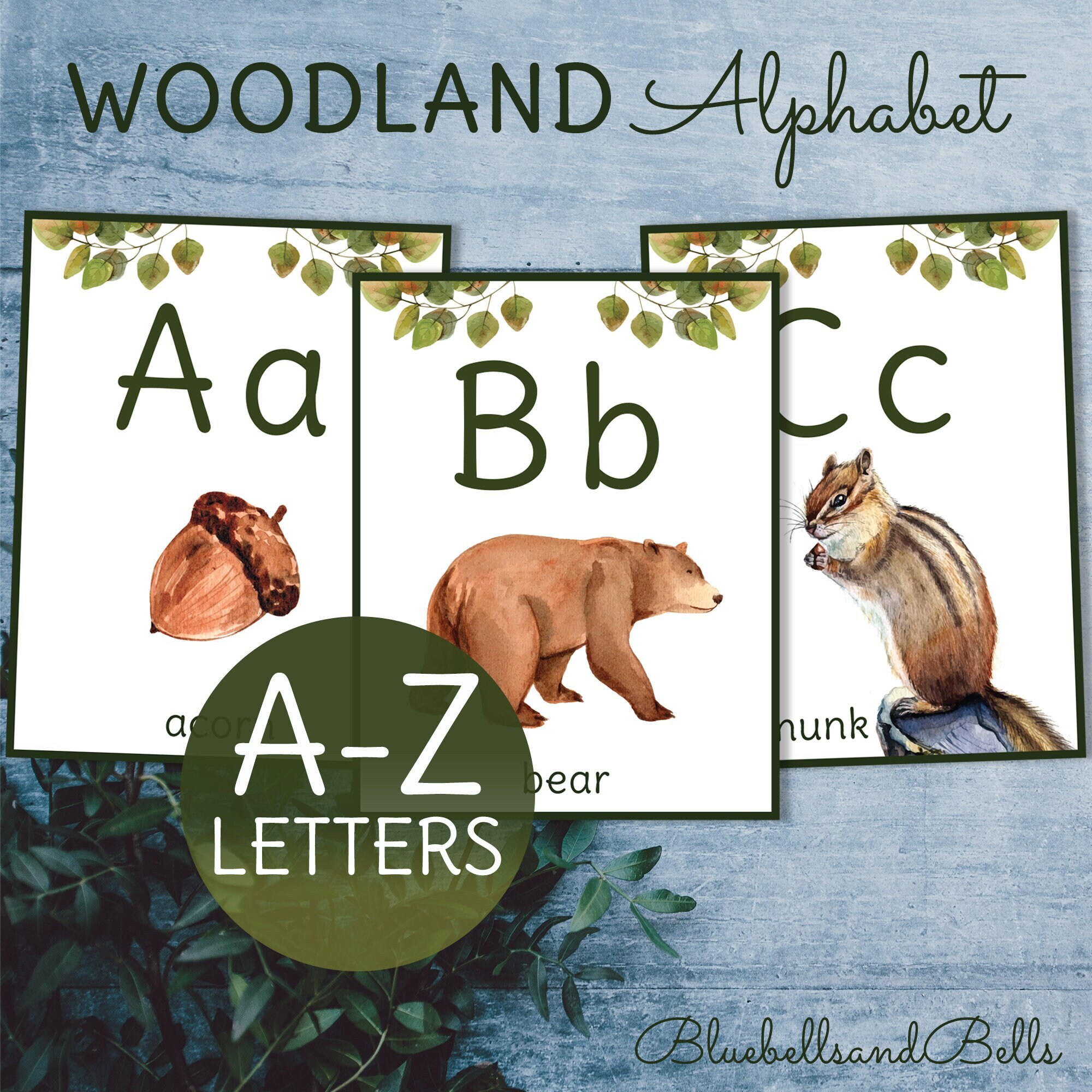 Woodland Alphabet Flashcards. Watercolor Letter Cards. Kids - Etsy