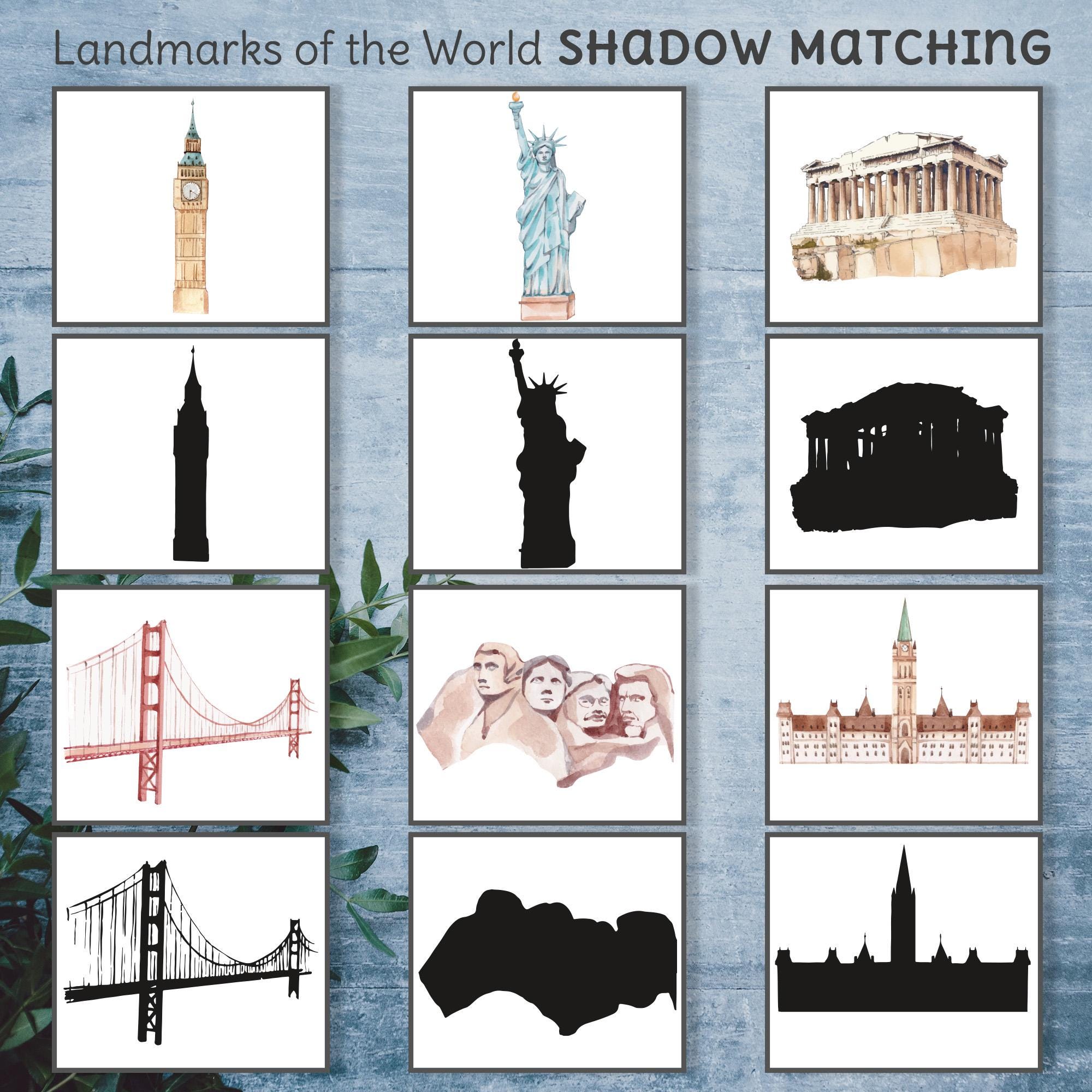 Landmarks of the World Cards Shadow Matching. Montessori Geography ...