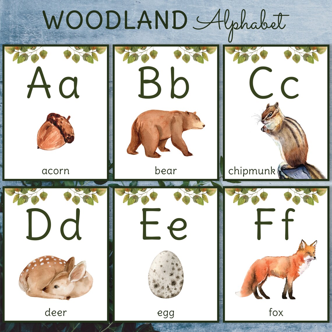 Woodland Alphabet Flashcards. Watercolor Letter Cards. Kids - Etsy
