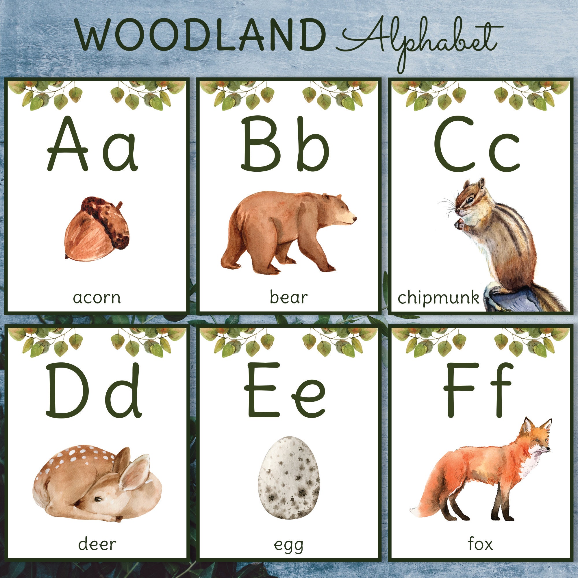 Woodland Alphabet Flashcards. Watercolor Letter Cards. Kids - Etsy
