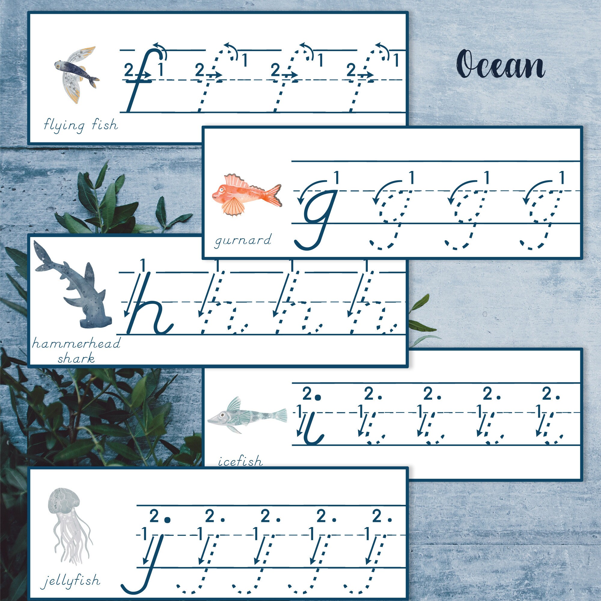 Ocean Alphabet Cards Tracing. Lowercase Manuscript Letter Handwriting ...