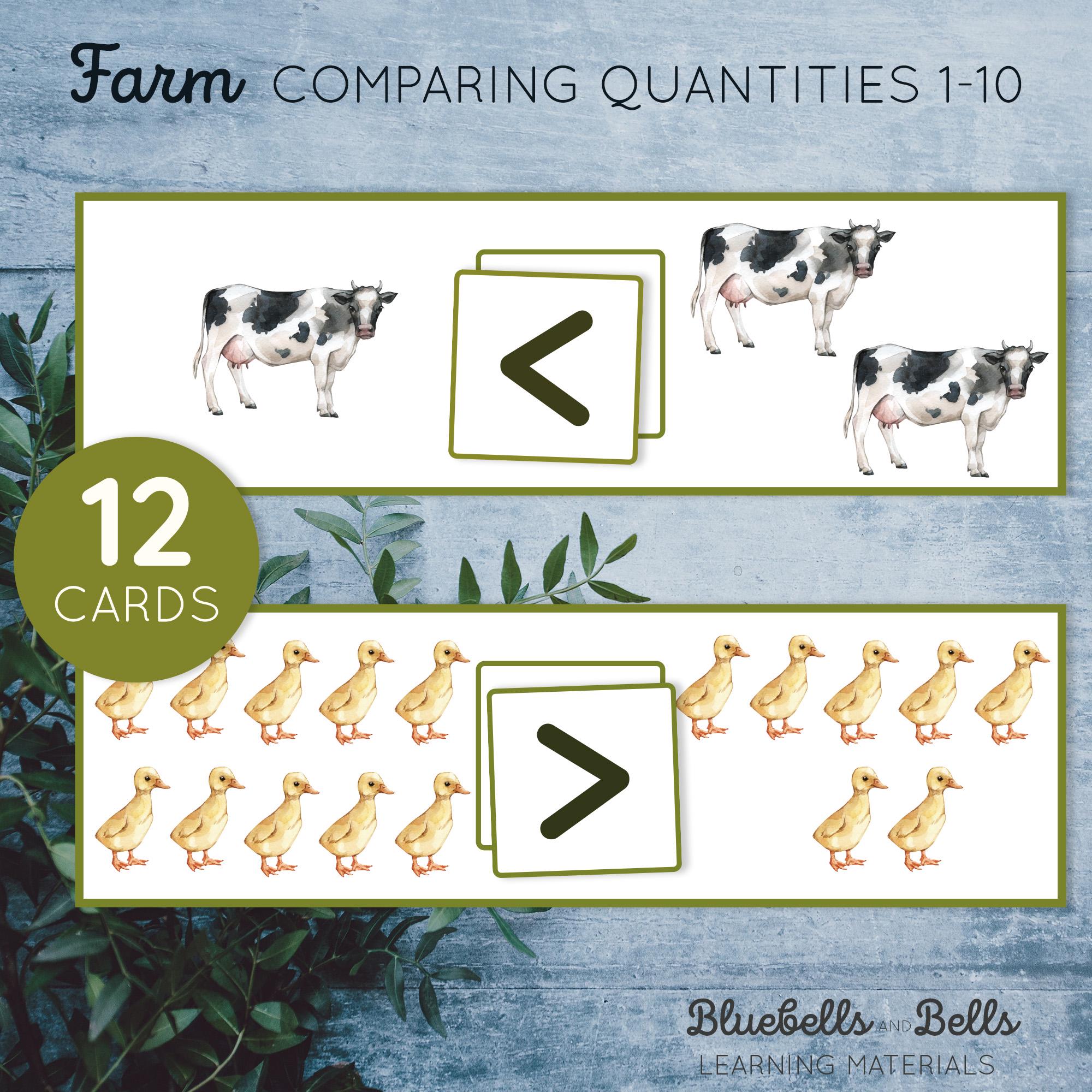 Farm Preschool Printable Comparing Numbers Cards. More Than, Less Than ...