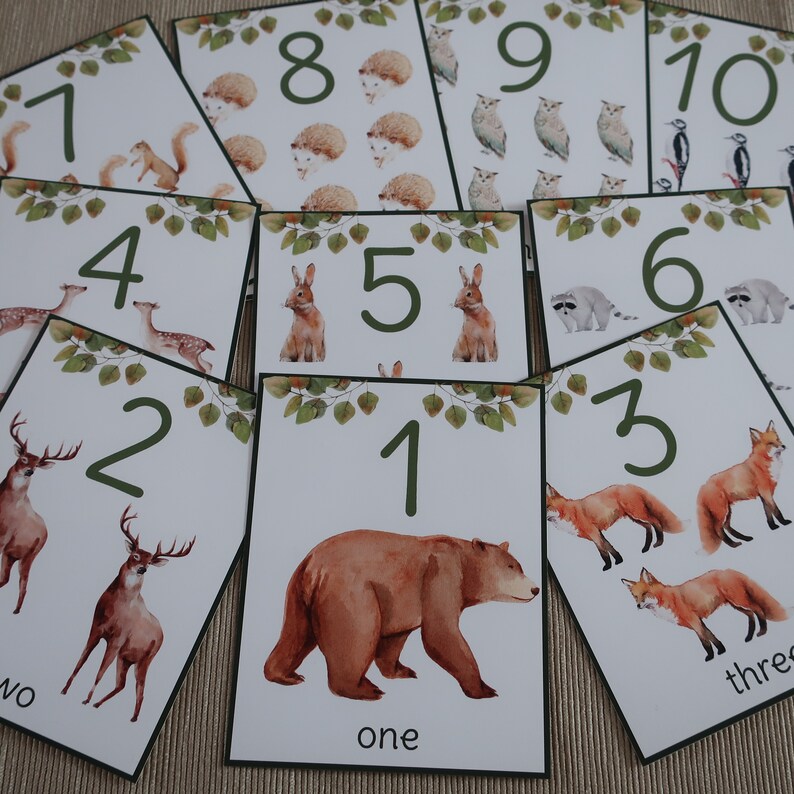 Woodland Animals Number Flashcards 1-10. Nature Counting Cards | Etsy