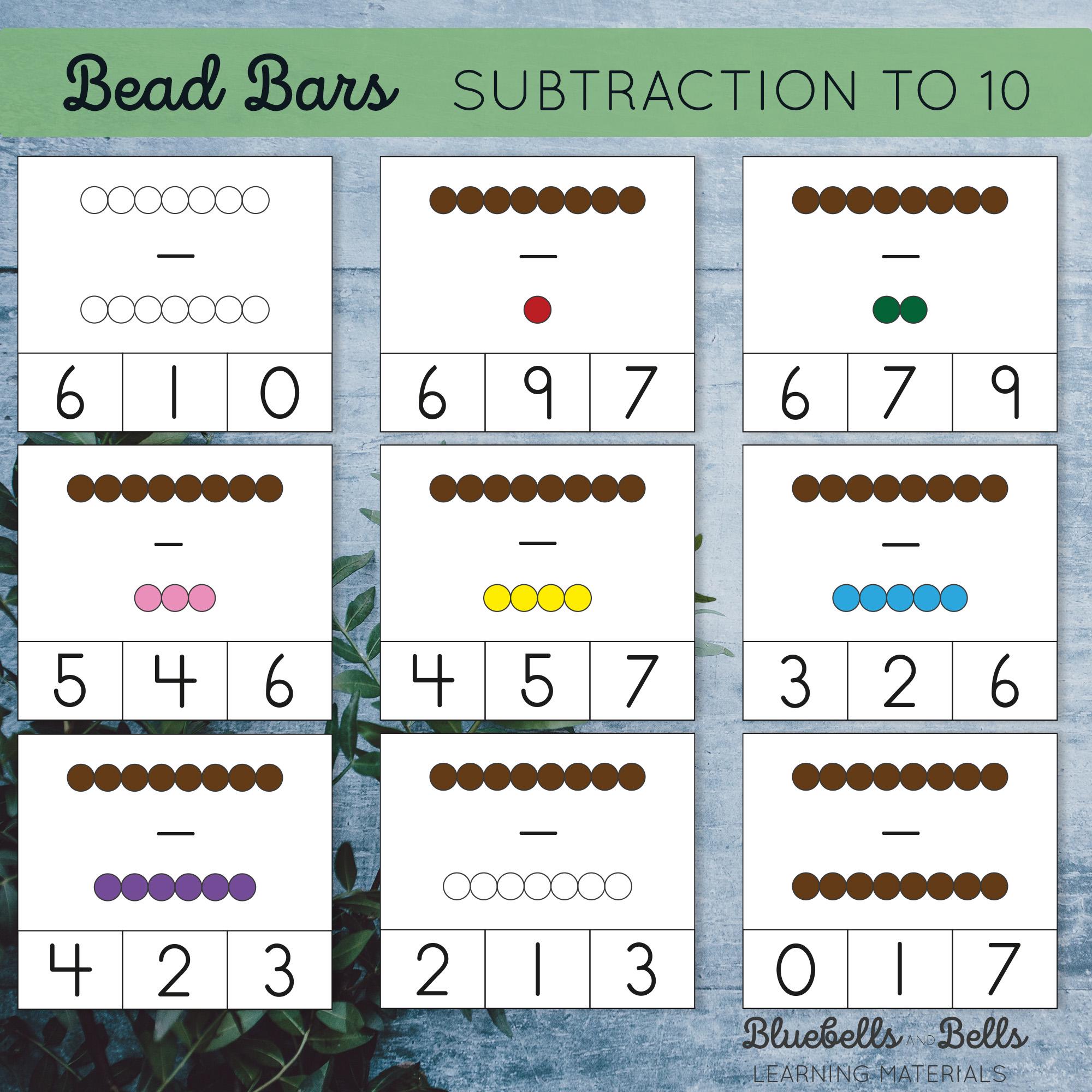 Montessori Bead Bar Subtraction Clip Cards. Kindergarten and 1st Grade ...