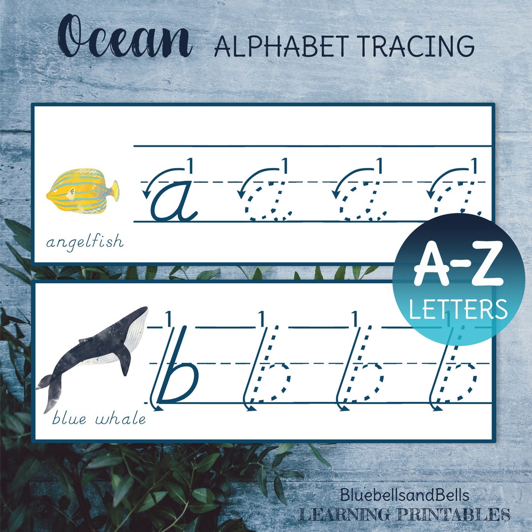 Ocean Alphabet Cards Tracing. Lowercase Manuscript Letter Handwriting ...