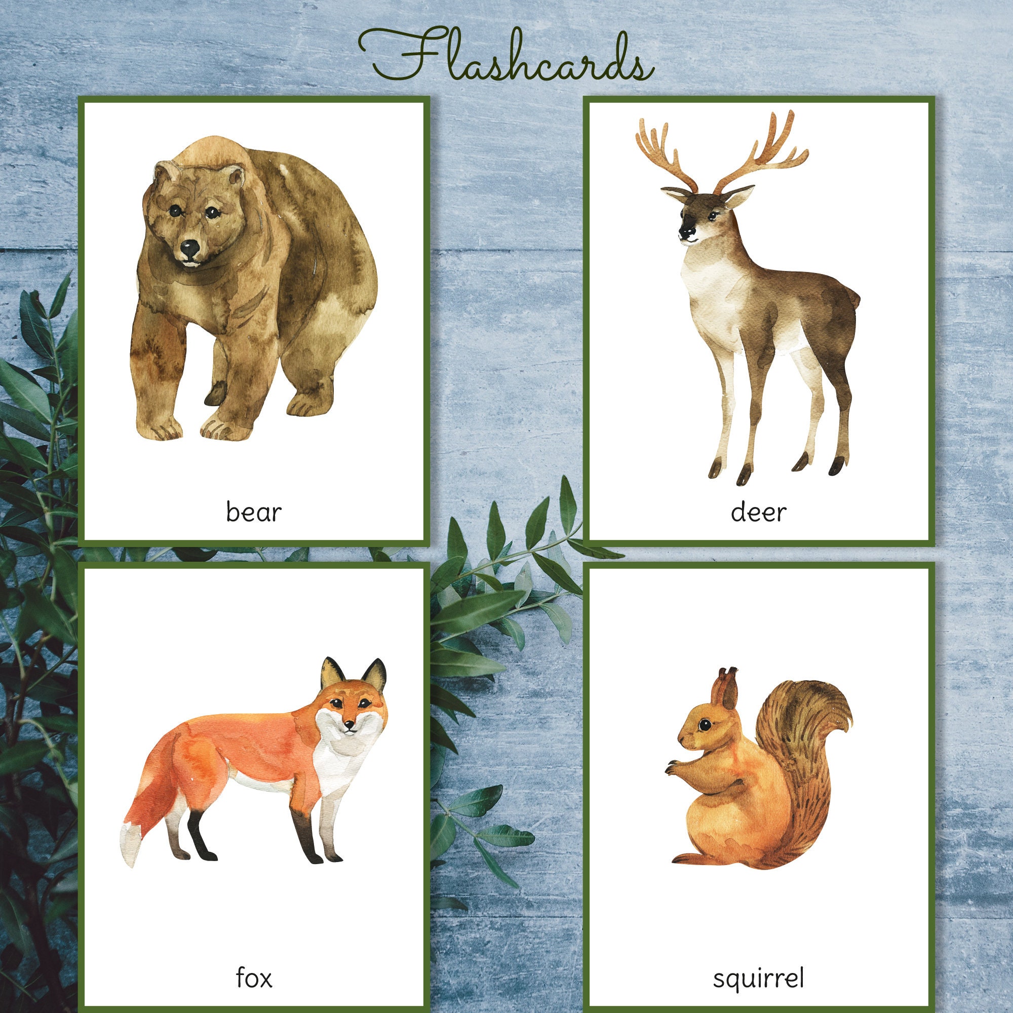 Woodland Animal Flash Cards. Toddler Printable Watercolor - Etsy