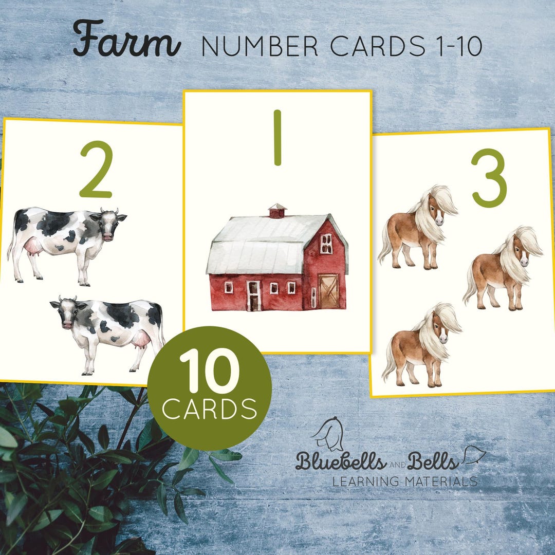 Farm Animal Number 1-10 Flash Cards. Toddler Watercolor Printable ...