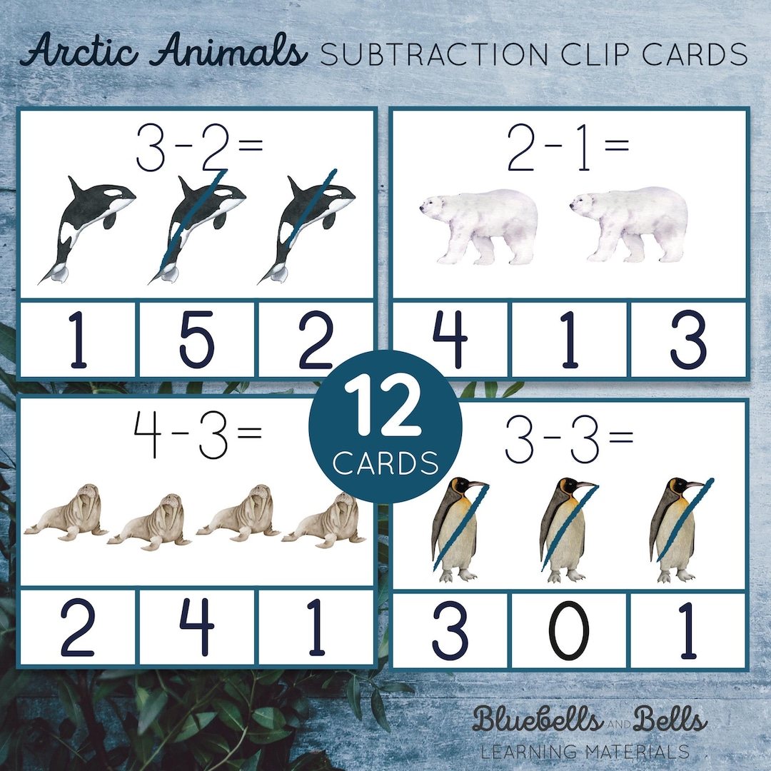 Winter Montessori Printable Count and Clip Cards Subtraction Polar ...