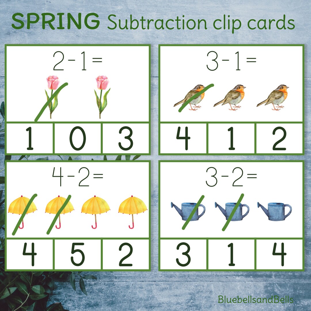 Spring Montessori Printable Subtraction Clip Cards 1-10. Preschool and ...