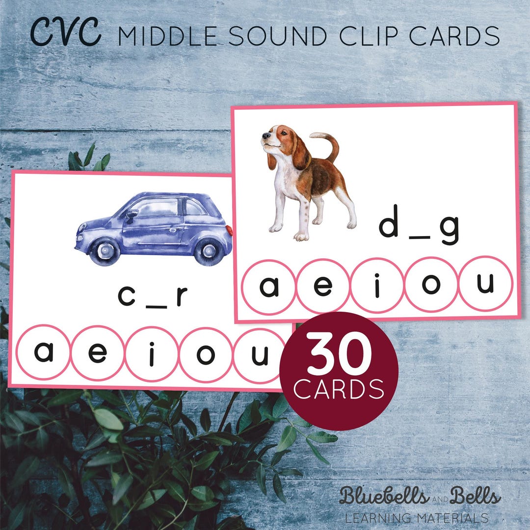 Montessori Phonics Printable CVC Word Clip Cards Middle Sound. Pre ...