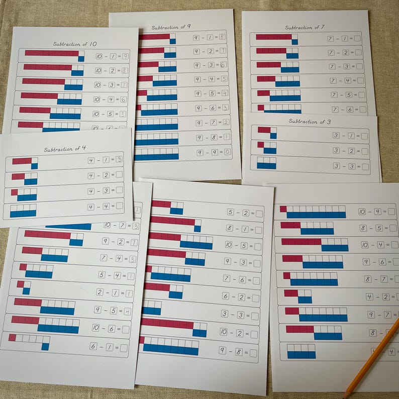 Montessori Subtraction to 10 Worksheets. Montessori Subtraction Strip ...