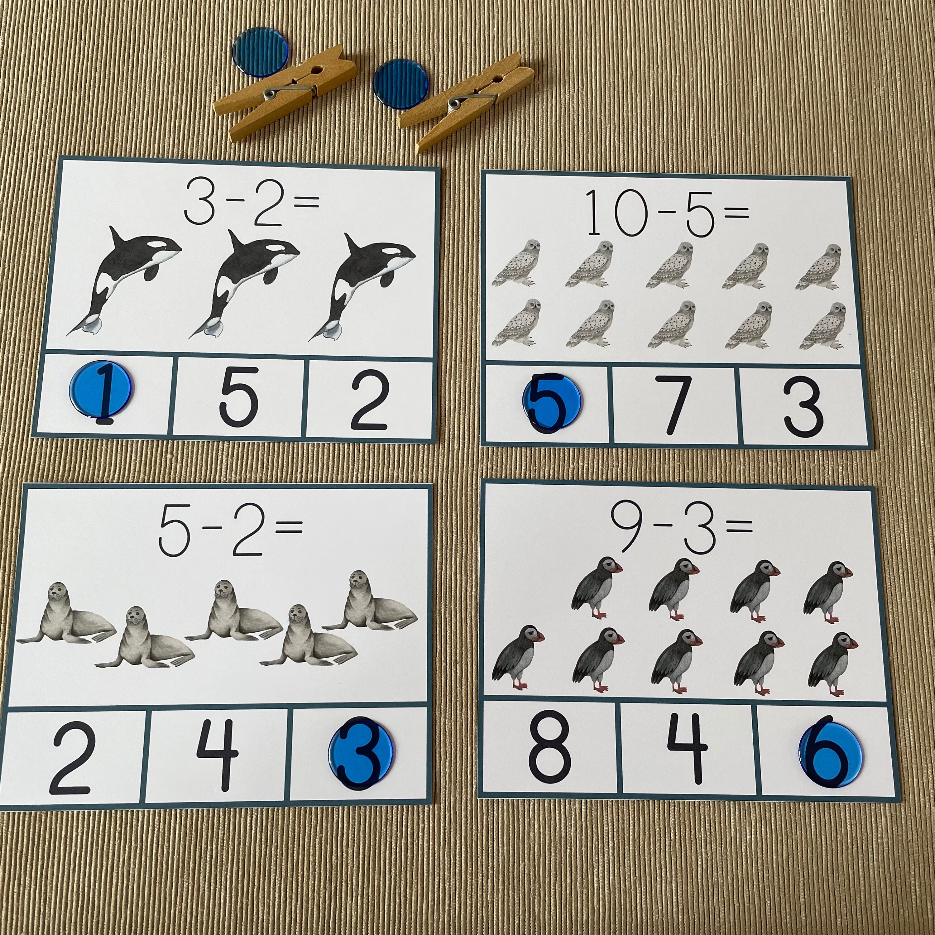 Winter Montessori Printable Count and Clip Cards Subtraction Polar ...