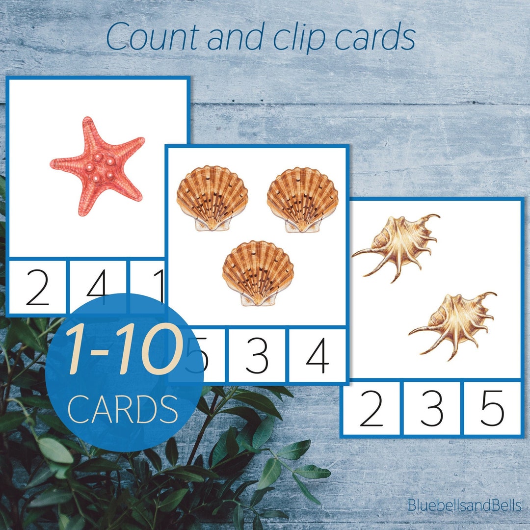Seashell Count and Clip Cards 1-10. Montessori Ocean Printable ...