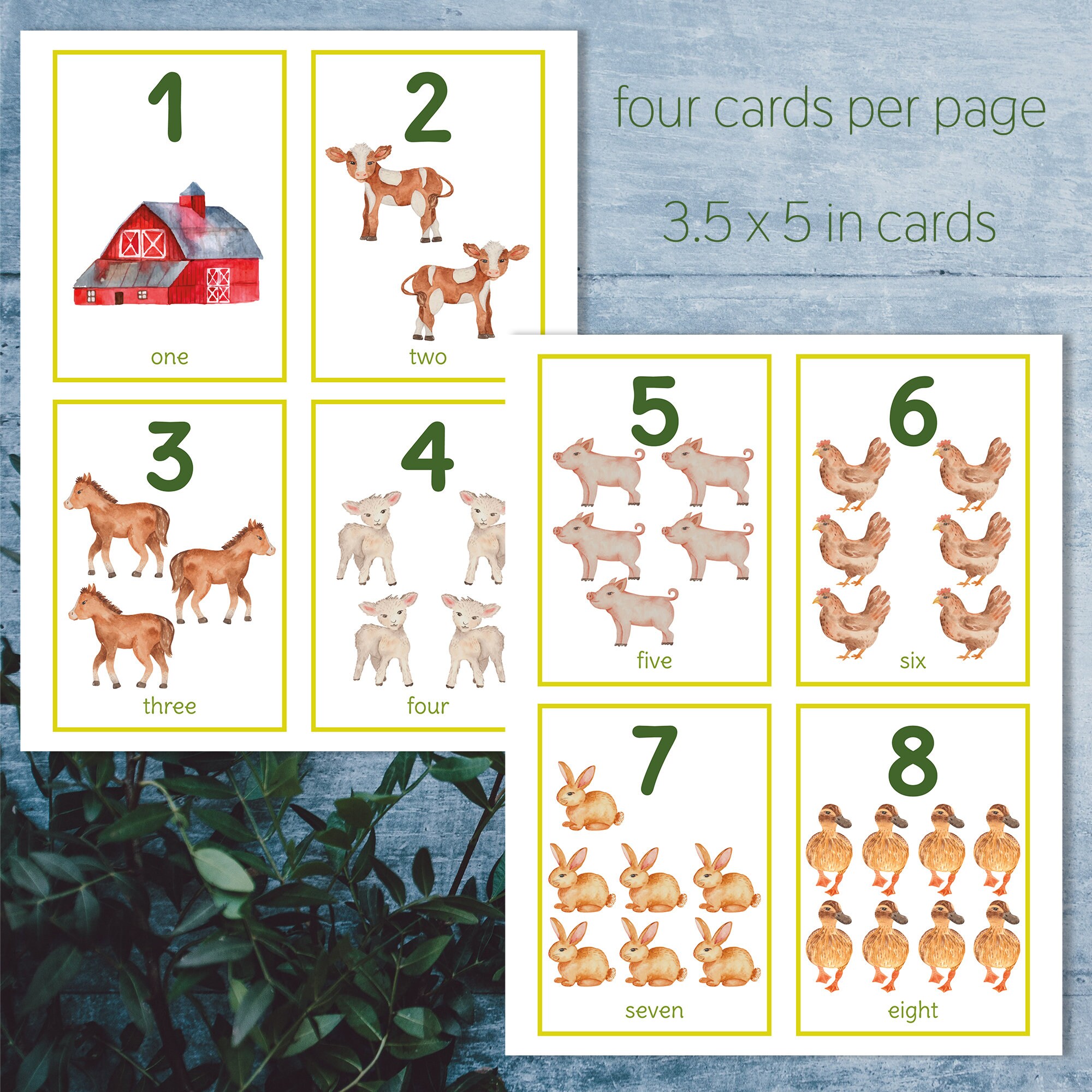 Farm Animal Number 1-10 Flash Cards. Toddler Watercolor - Etsy