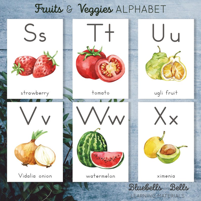 Alphabet Cards Fruits and Vegetables. Phonics Toddler and Preschool ...